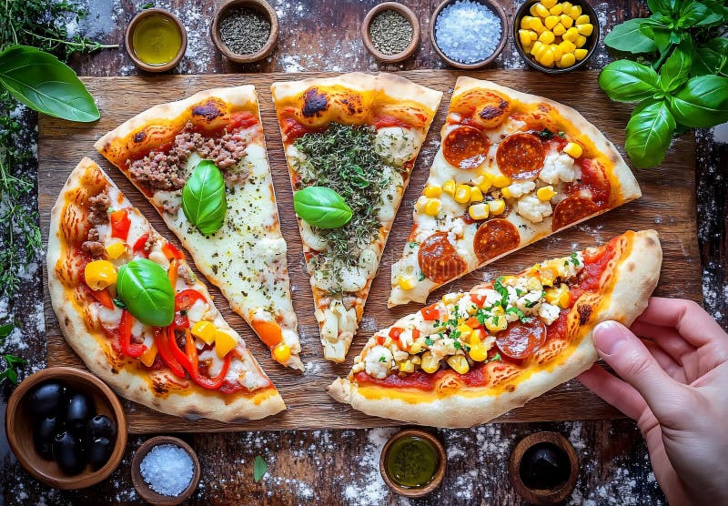 Variety Pizza Slices with Toppings on Rustic Table Stock Illustration ...