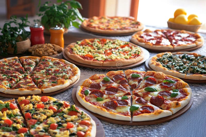 A Variety of Pizzas on a Table, Perfect for Parties or Events Stock ...