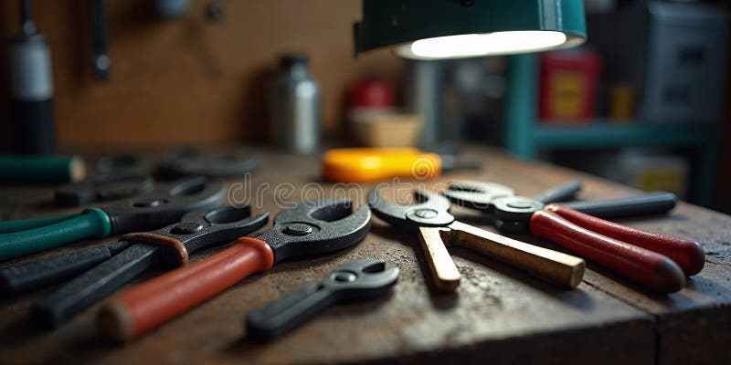 Several Hand Tools Rest on a Wooden Workbench in a Dimly Lit Workshop ...