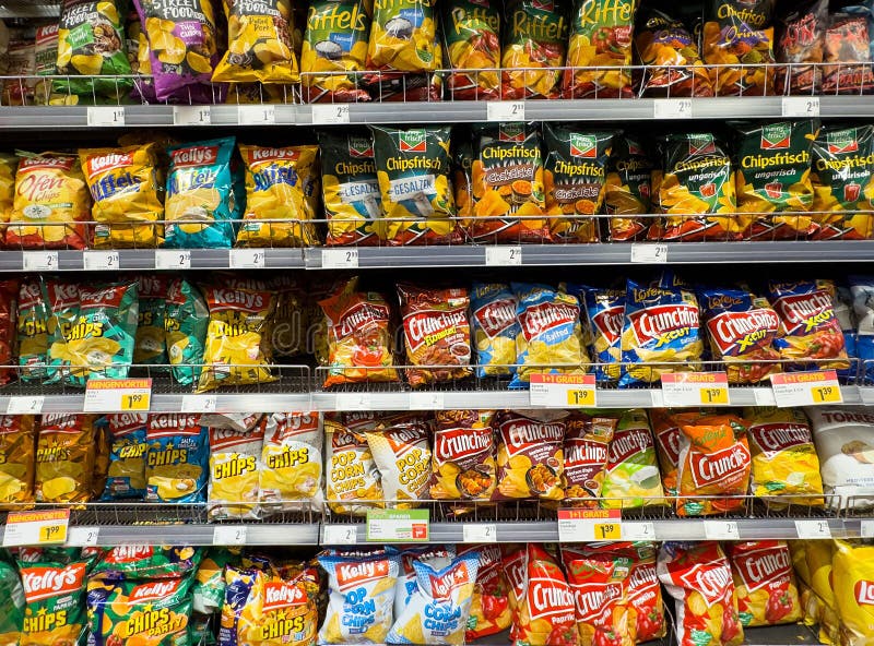Variety of Potato Chips on Store Shelf with Assorted Flavors and Brands ...