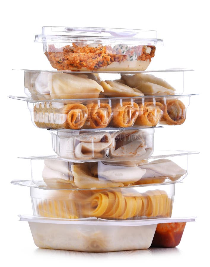 A Variety of Prepackaged Food Products in Plastic Boxes Stock Photo ...