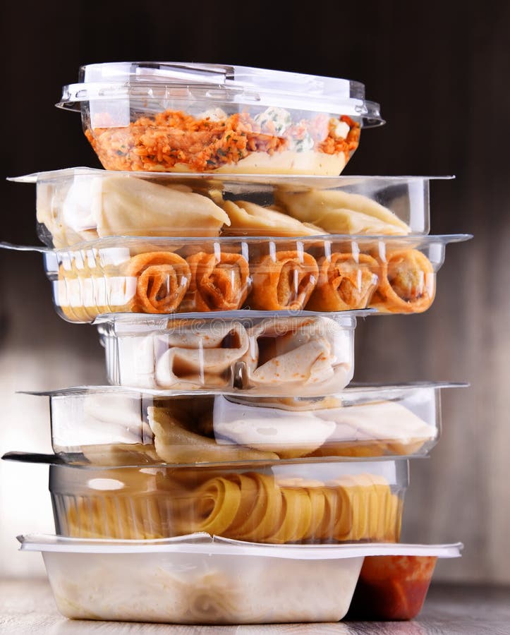 A Variety of Prepackaged Food Products in Plastic Boxes Stock Image ...