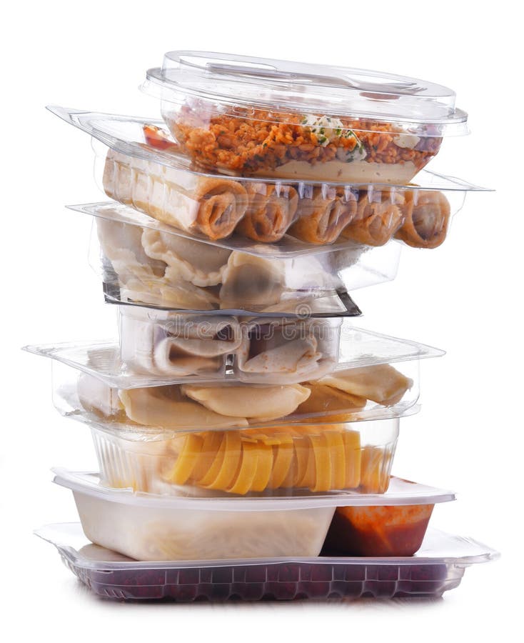 A Variety of Prepackaged Food Products in Plastic Boxes Stock Photo ...