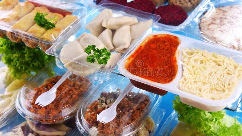 A Variety of Prepackaged Food Products in Plastic Boxes Stock Image ...