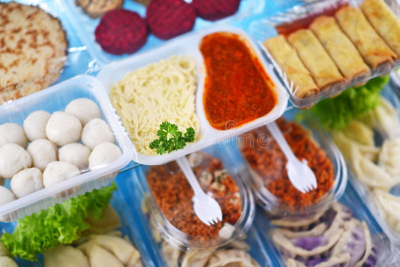 A Variety of Prepackaged Food Products in Plastic Boxes Stock Photo ...