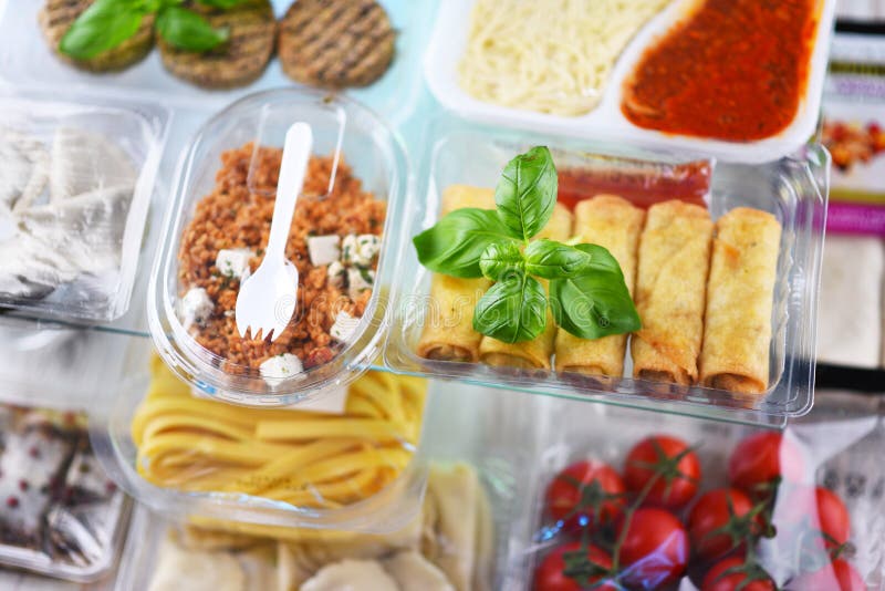 A Variety of Prepackaged Food Products in Plastic Boxes Stock Image ...