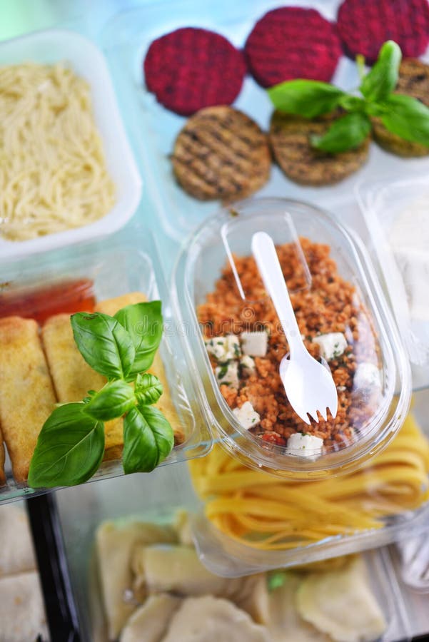 A Variety of Prepackaged Food Products in Plastic Boxes Stock Photo ...