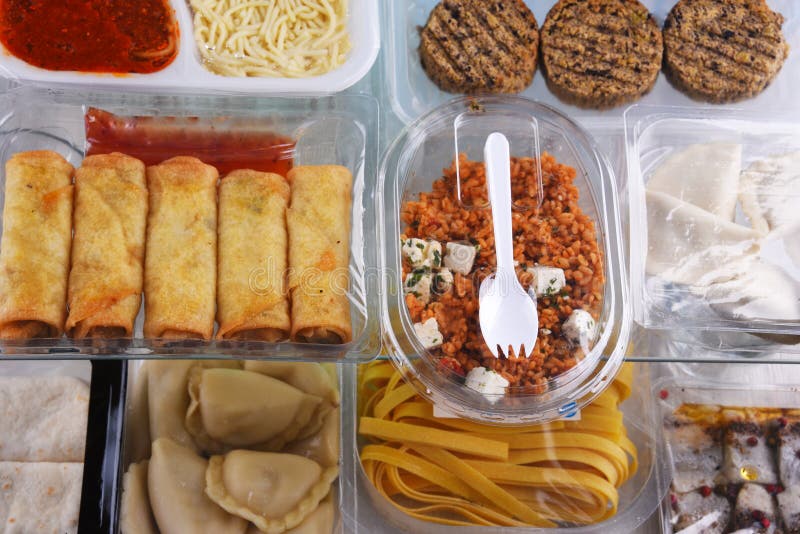 A Variety of Prepackaged Food Products in Plastic Boxes Stock Image ...