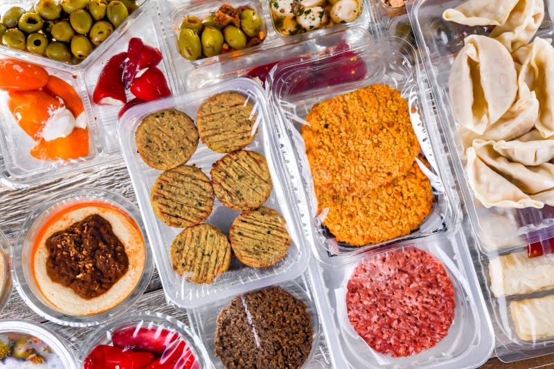 Variety of Prepackaged Food Products in Plastic Boxes Stock Image ...