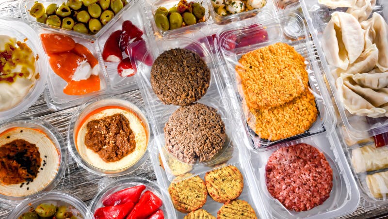 Variety of Prepackaged Food Products in Plastic Boxes Stock Photo ...