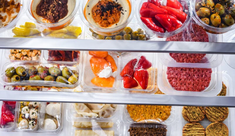 Variety of Prepackaged Food Products in Plastic Boxes Stock Image ...