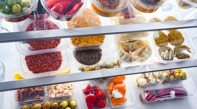 Variety of Prepackaged Food Products in Plastic Boxes Stock Photo ...