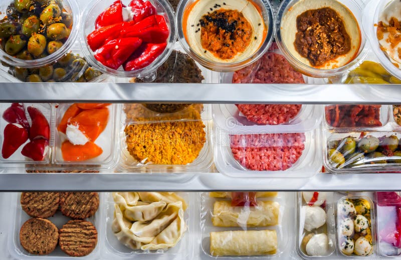 Variety of Prepackaged Food Products in Plastic Boxes Stock Photo ...