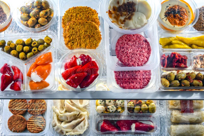 Variety of Prepackaged Food Products in Plastic Boxes Stock Photo ...