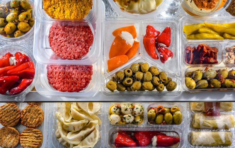 Variety of Prepackaged Food Products in Plastic Boxes Stock Image ...