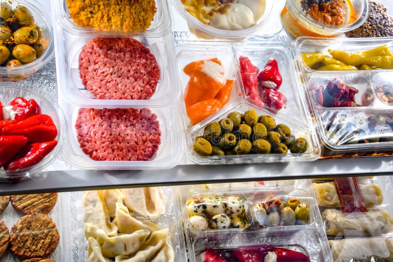 Variety of Prepackaged Food Products in Plastic Boxes Stock Photo ...