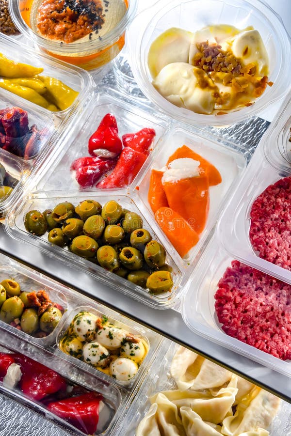 Variety of Prepackaged Food Products in Plastic Boxes Stock Image ...