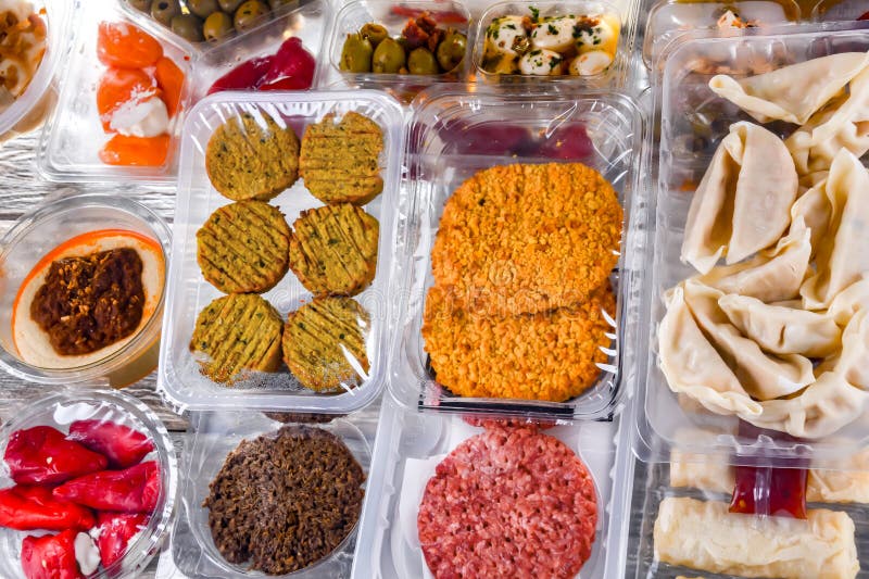 Variety of Prepackaged Food Products in Plastic Boxes Stock Image ...