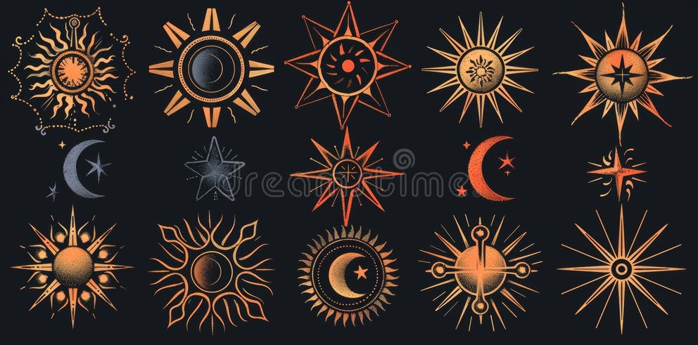 A Variety of Radiant Burst Emblems. Retro Tags. Fun Decals. a Diverse ...