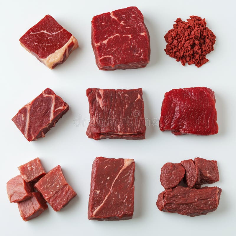 Variety of Raw Beef Cuts Arranged on White Surface Stock Image - Image ...