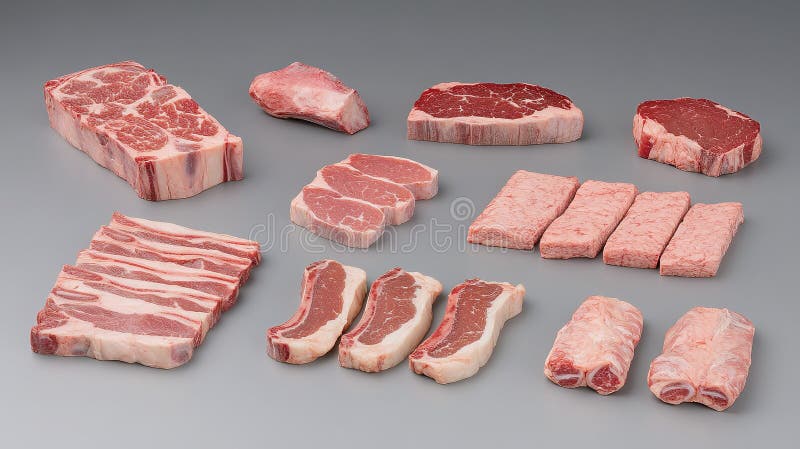 Variety of Raw Beef Cuts Displayed on a Gray Surface Showcasing ...