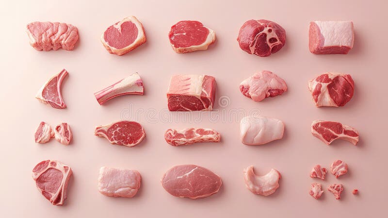 A Variety of Raw Meat Cuts Arranged on a Pale Background Showcasing ...