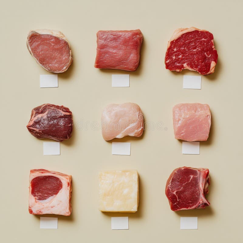 Variety of Raw Meat Cuts Displayed on Colored Background in Grid ...