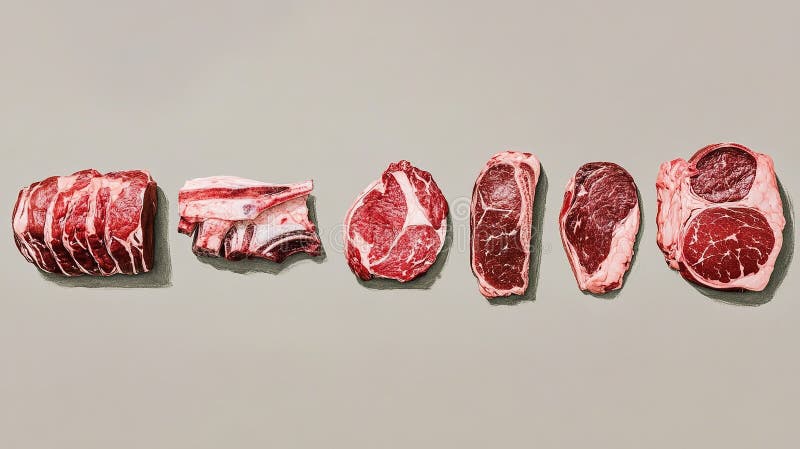 A Variety of Raw Meat Cuts Displayed on a Neutral Background ...