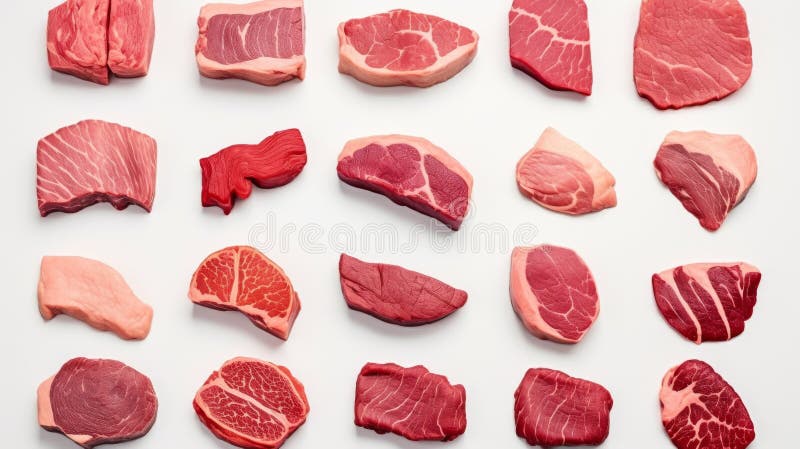 A Variety of Raw Meat Cuts Displayed on a White Background in an ...