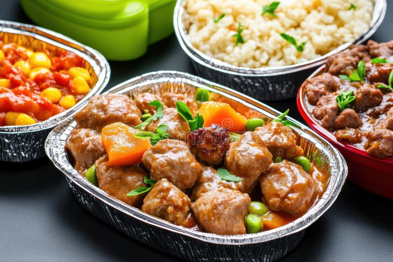 Variety of Ready Prepared Meals in Foil Containers on Dark Surface ...