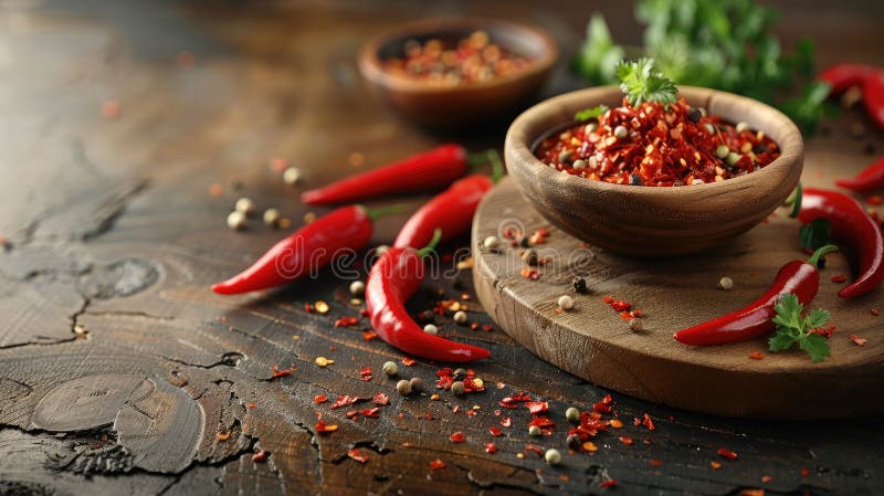 A Variety of Red Chili Peppers on Rustic Wooden Table Stock ...