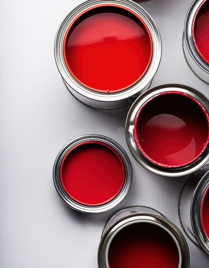 Variety of Red Paint Cans Arranged on a White Surface for Creative ...