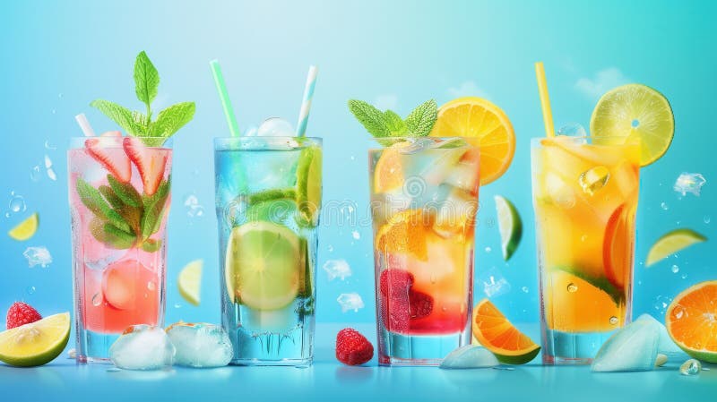 Variety of Refreshing Drinks. High Detailed Drink Concept Stock Photo ...