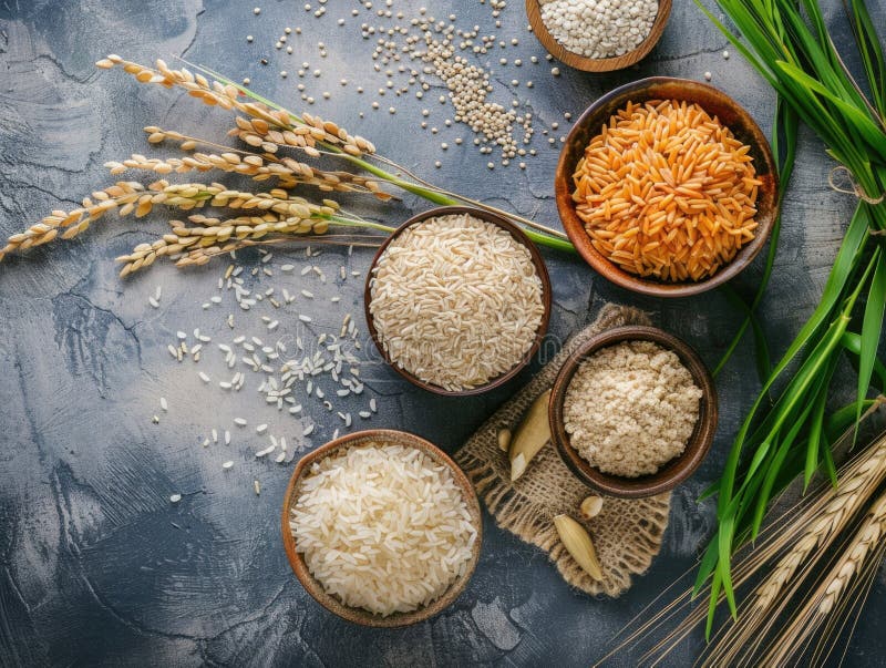 A Variety of Rice and Other Grains are Displayed in Bowls on a Table ...