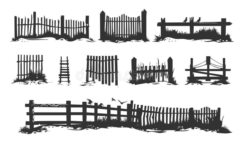 Variety of Rustic Fence Silhouettes with Birds and Grass Elements Stock ...