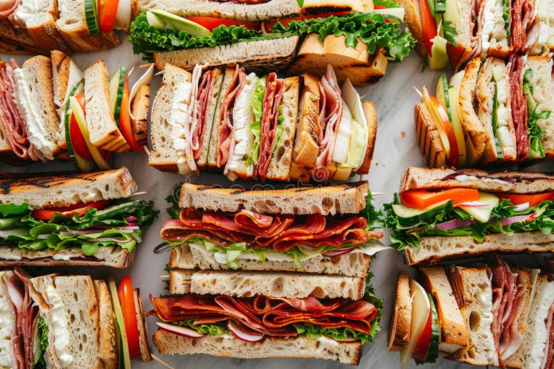 A Variety of Sandwiches Arranged on a Table in a Top-down View Stock ...