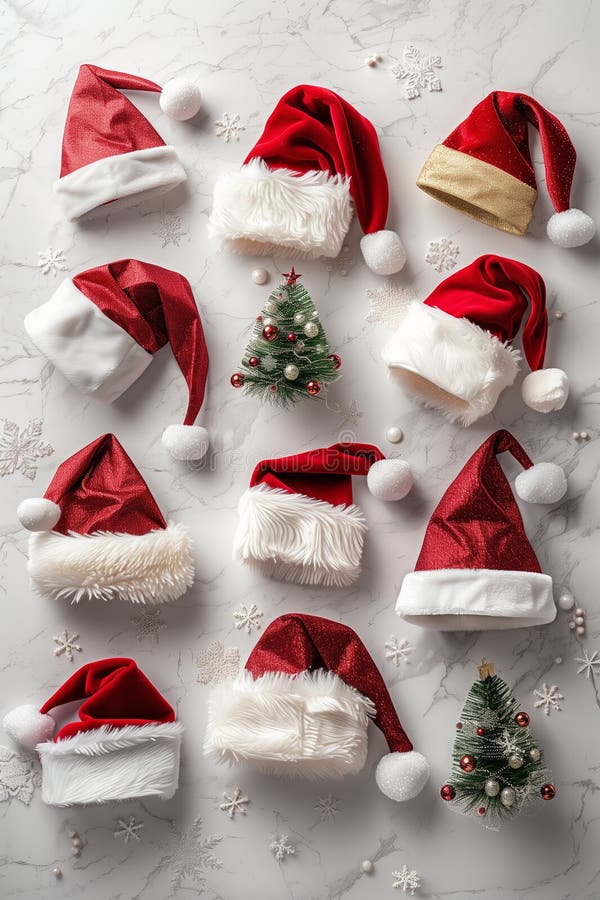 A Variety of Santa Hats Displayed Neatly on a Flat Surface Stock Photo ...