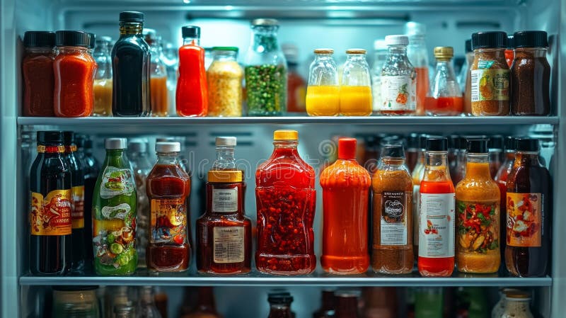 Variety of Sauces and Condiments Stored in a Refrigerator Stock Image ...