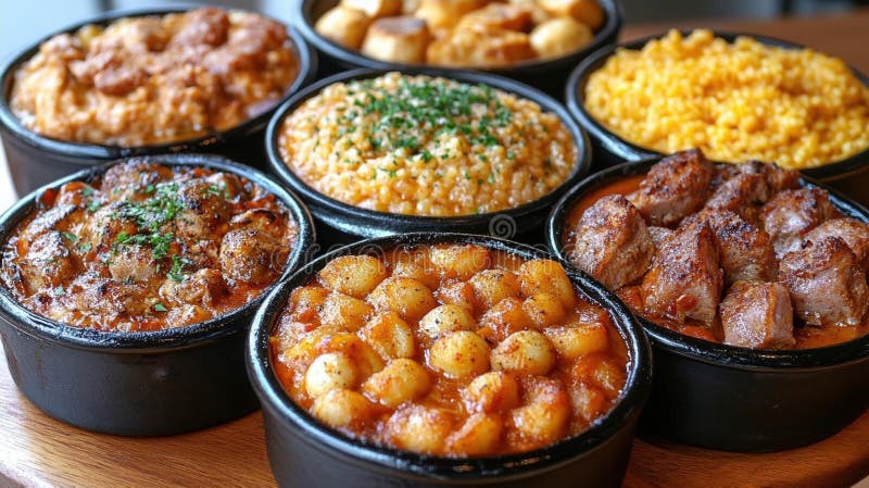 Variety of Savory Dishes in Dark Bowls on Wooden Surface Stock Photo ...