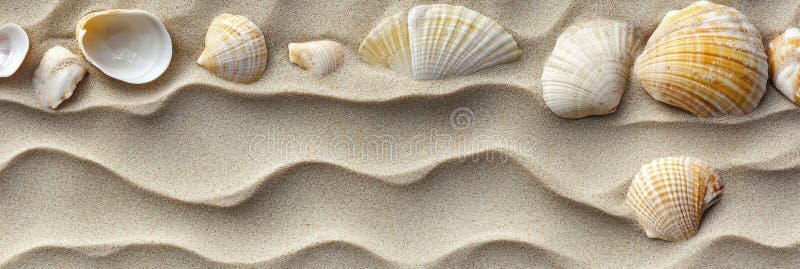 Variety of Sea Shells Arranged on Sandy Beach Waves with Texture and ...