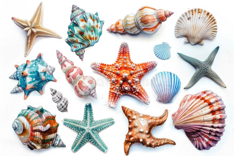 A Variety of Sea Shells and Starfish on a White Surface. Perfect for ...