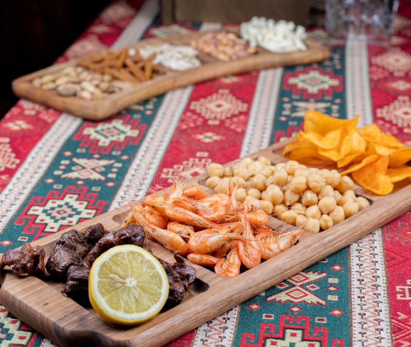 Variety of Seafood and Snacks on the Wooden Board Stock Image - Image ...