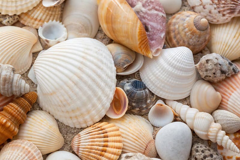 Variety of Seashells in Different Shapes and Colors on Sand. Stock ...