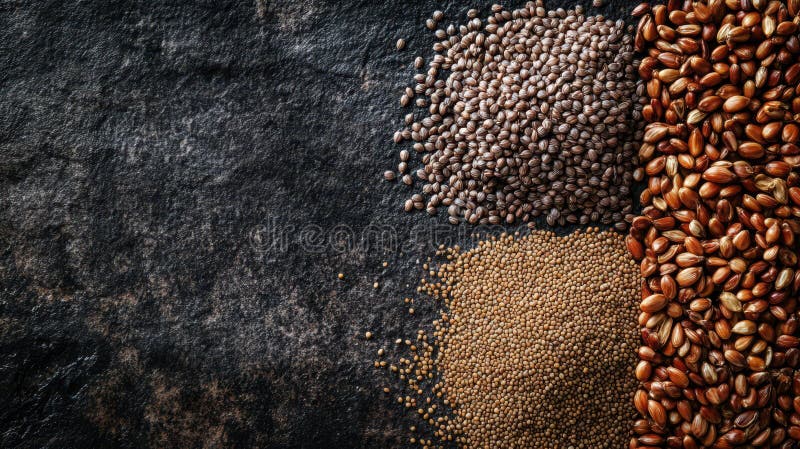 Variety of Seeds Arranged on a Dark Surface Showcasing Natural Textures ...