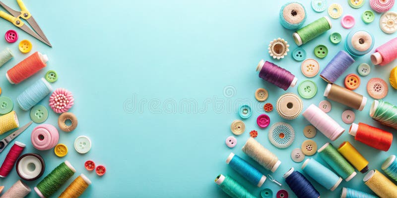A Variety of Sewing Materials on a Light Blue Background for DIY Craft ...