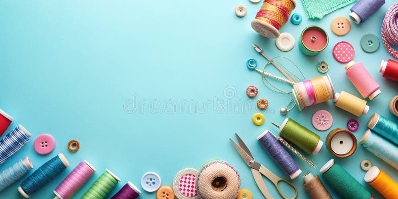 A Variety of Sewing Materials on a Light Blue Background for DIY Craft ...
