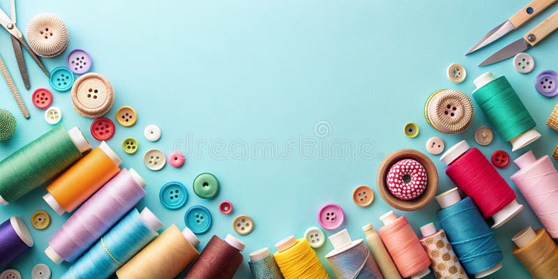 A Variety of Sewing Materials on a Light Blue Background for DIY Craft ...