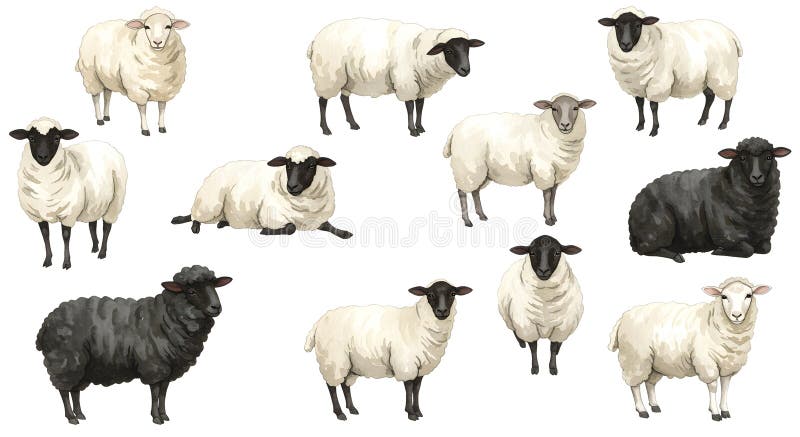 Variety of Sheep Poses Illustration, White and Black Lambs on Seamless ...