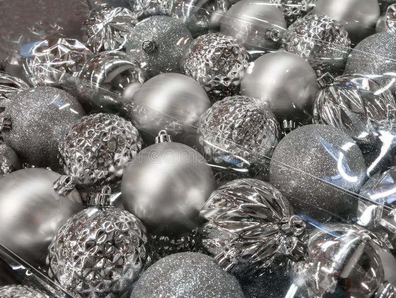 Variety of Silver Christmas Balls in Clear Transparent Plastic P Stock ...