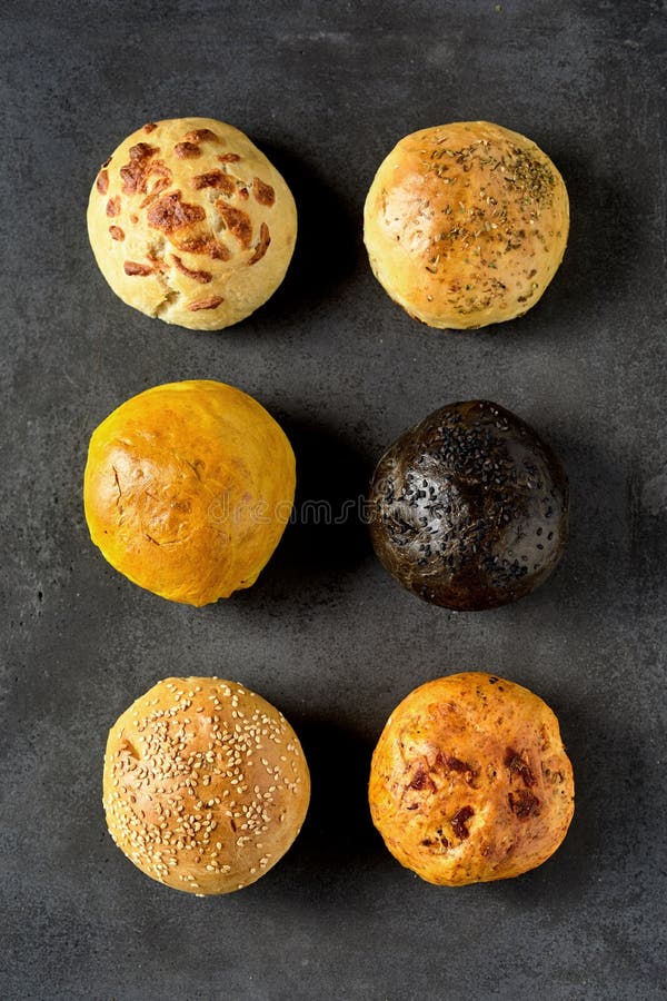 Variety of Six Bread Rolls Arranged in Two Rows Stock Photo - Image of ...